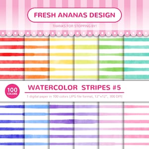 100 Colors Digital Papers: Watercolor Stripes #5, Aquarelle, Gouache ...