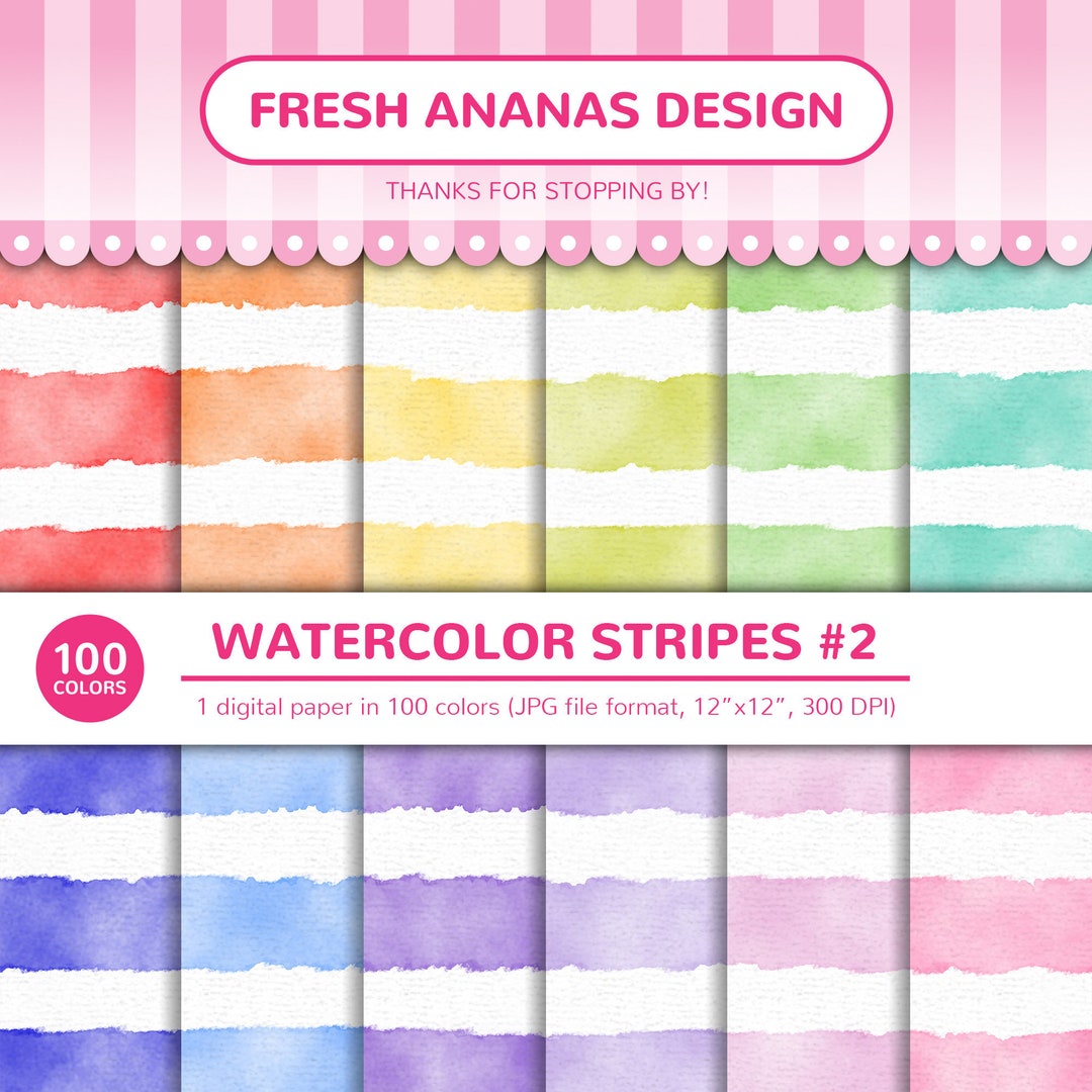100 Colors Digital Papers: Watercolor Stripes #2, Aquarelle, Gouache ...