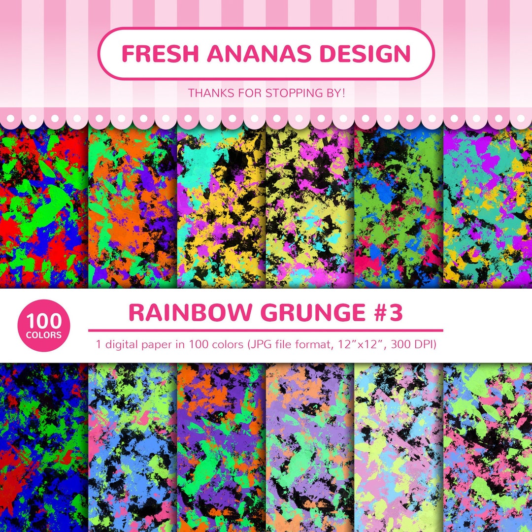 100 Colors Digital Papers: Rainbow Grunge #3, 80's, 90's, Retro, Neon ...
