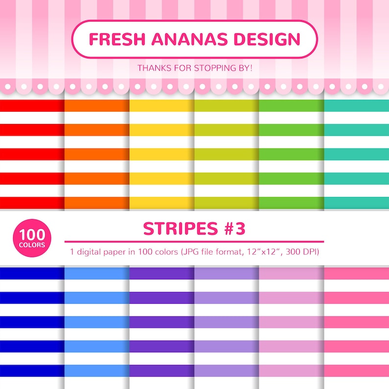 100 Colors Digital Papers: Stripes #3, Digital Striped Paper, Medium ...