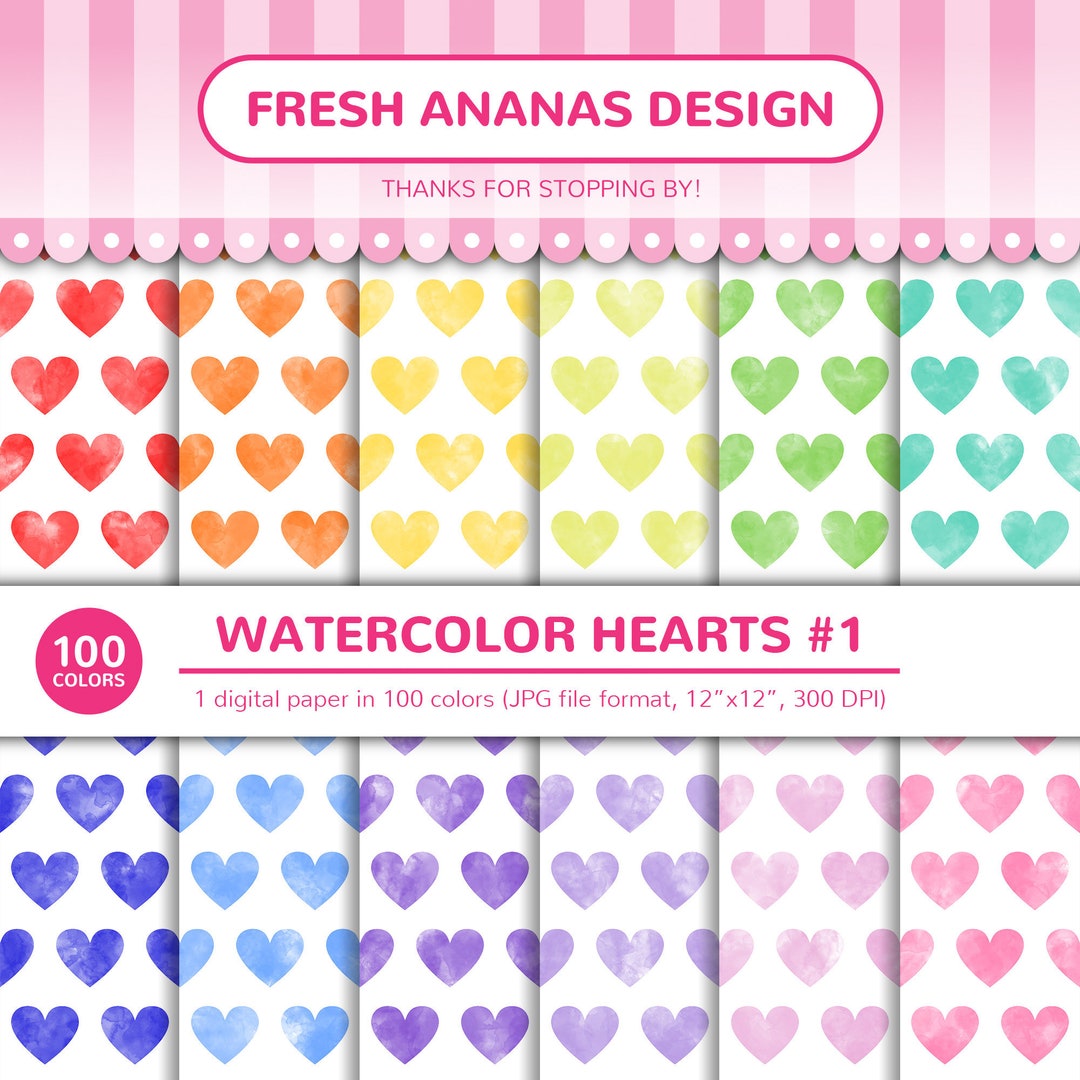 100 Colors Digital Papers: Watercolor Hearts #1, Heart, Aquarelle ...