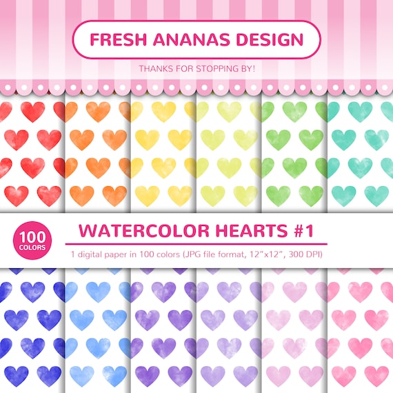 100 Colors Digital Papers: Watercolor Hearts 1 Heart - Etsy