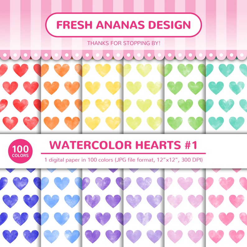 100 Colors Digital Papers: Watercolor Hearts #1, Heart, Aquarelle ...