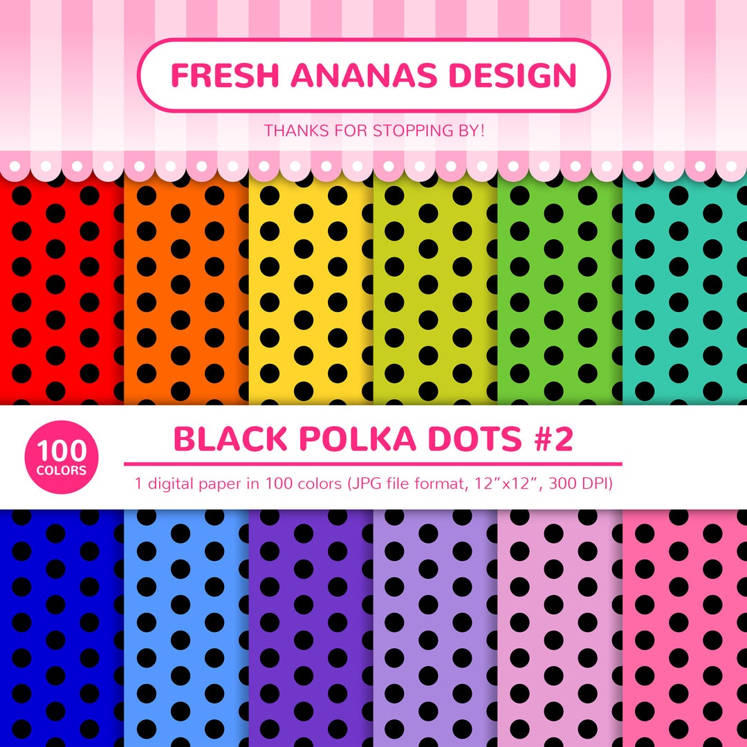100 Colors Digital Papers: Black Polka Dots #2, Polka Dot Paper, Medium ...