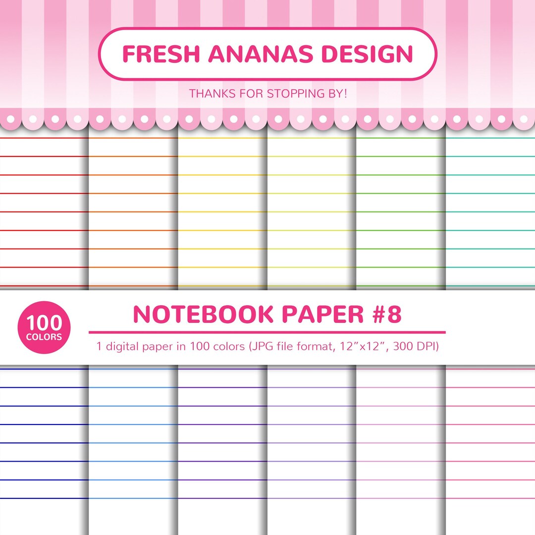 100 Colors Digital Papers: Notebook Paper #8, Lined, Ruled, Feint ...