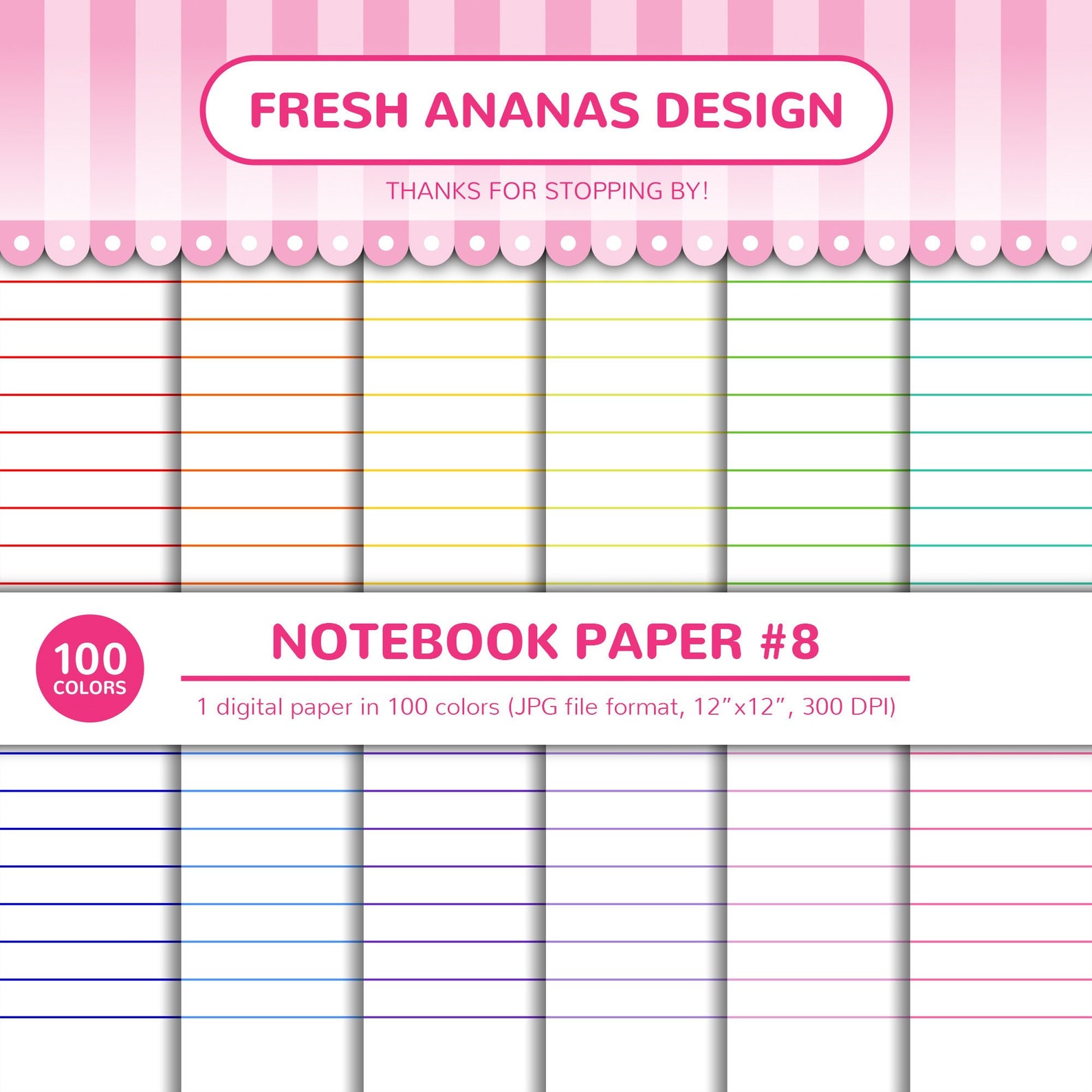 100 Colors Digital Papers: Notebook Paper #8, Lined, Ruled, Feint ...