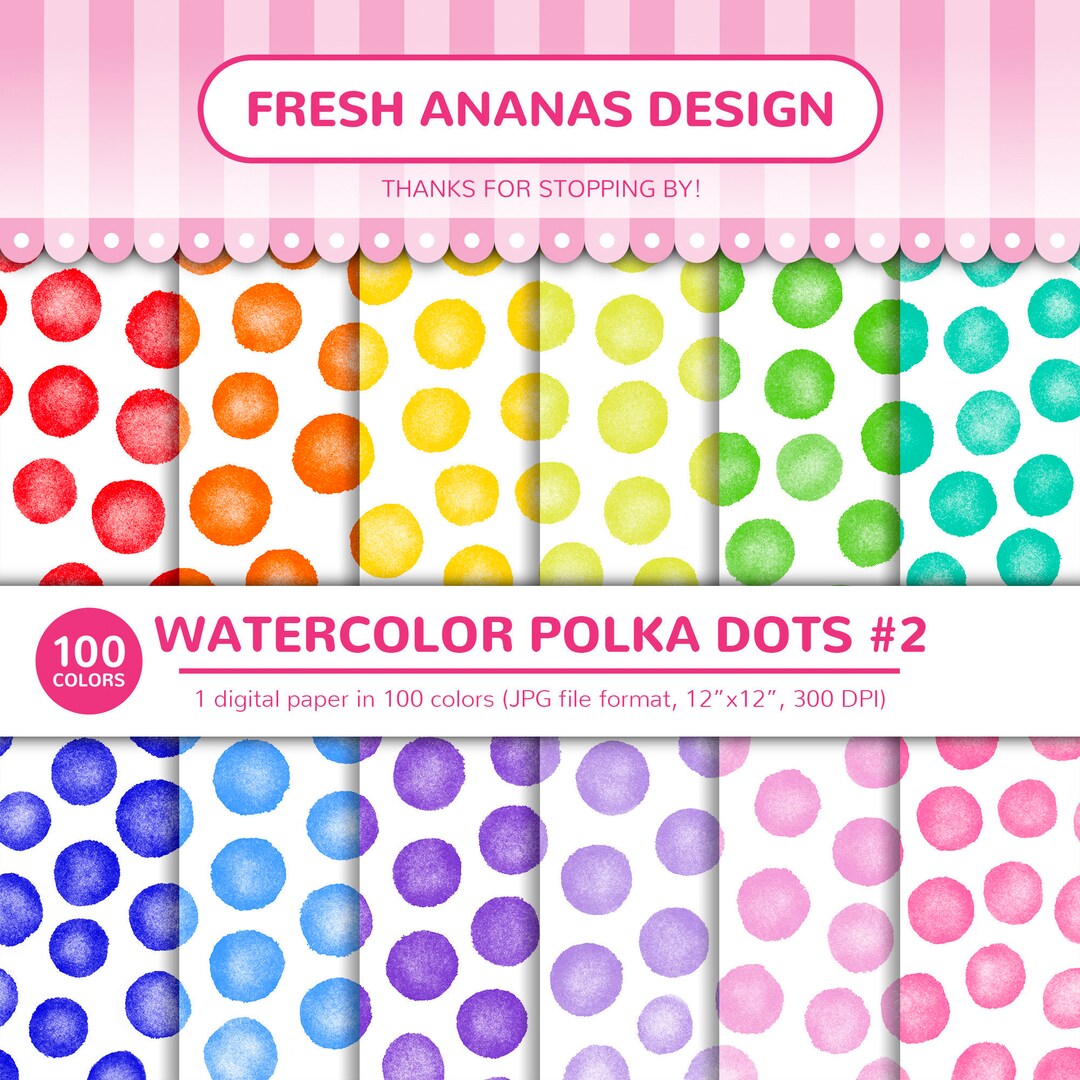 100 Colors Digital Papers: Watercolor Polka Dots #2, Aquarelle, Gouache ...