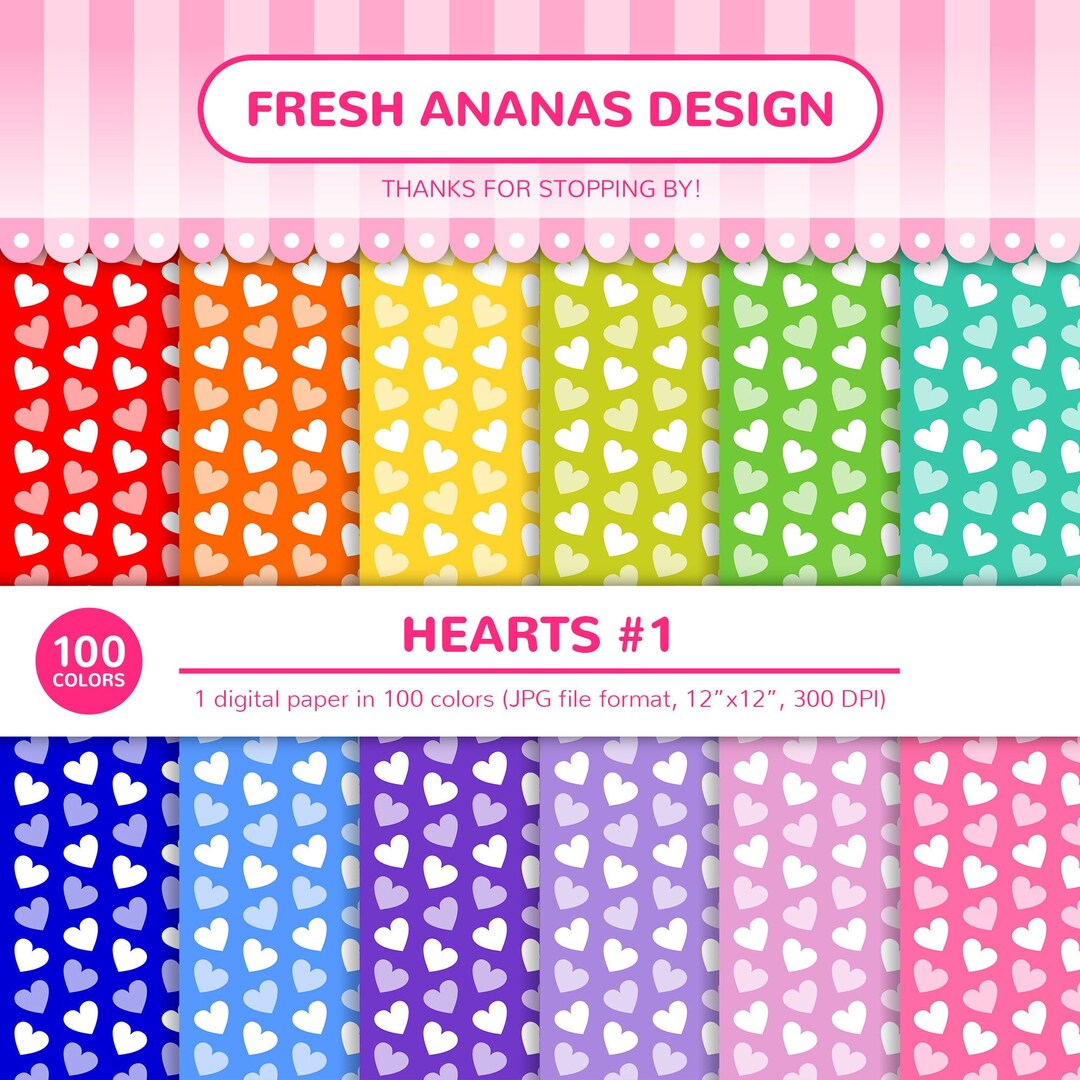 100 Colors Digital Papers: Hearts #1, Heart Pattern, Valentine Paper ...