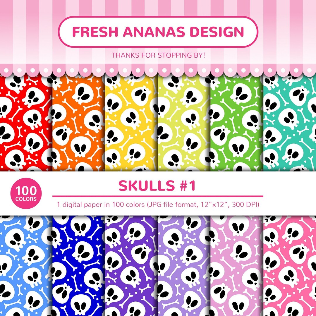 100 Colors Digital Papers: Skulls #1, Halloween, Skeleton, Bones, Day ...