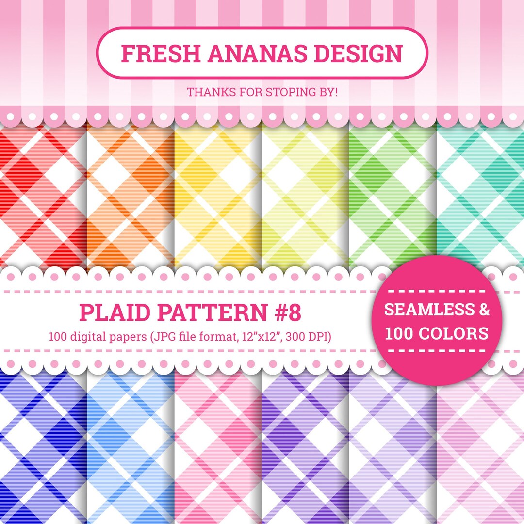 100 Colors Digital Papers: Plaid Pattern #8, Tartan, Check, Buffalo ...