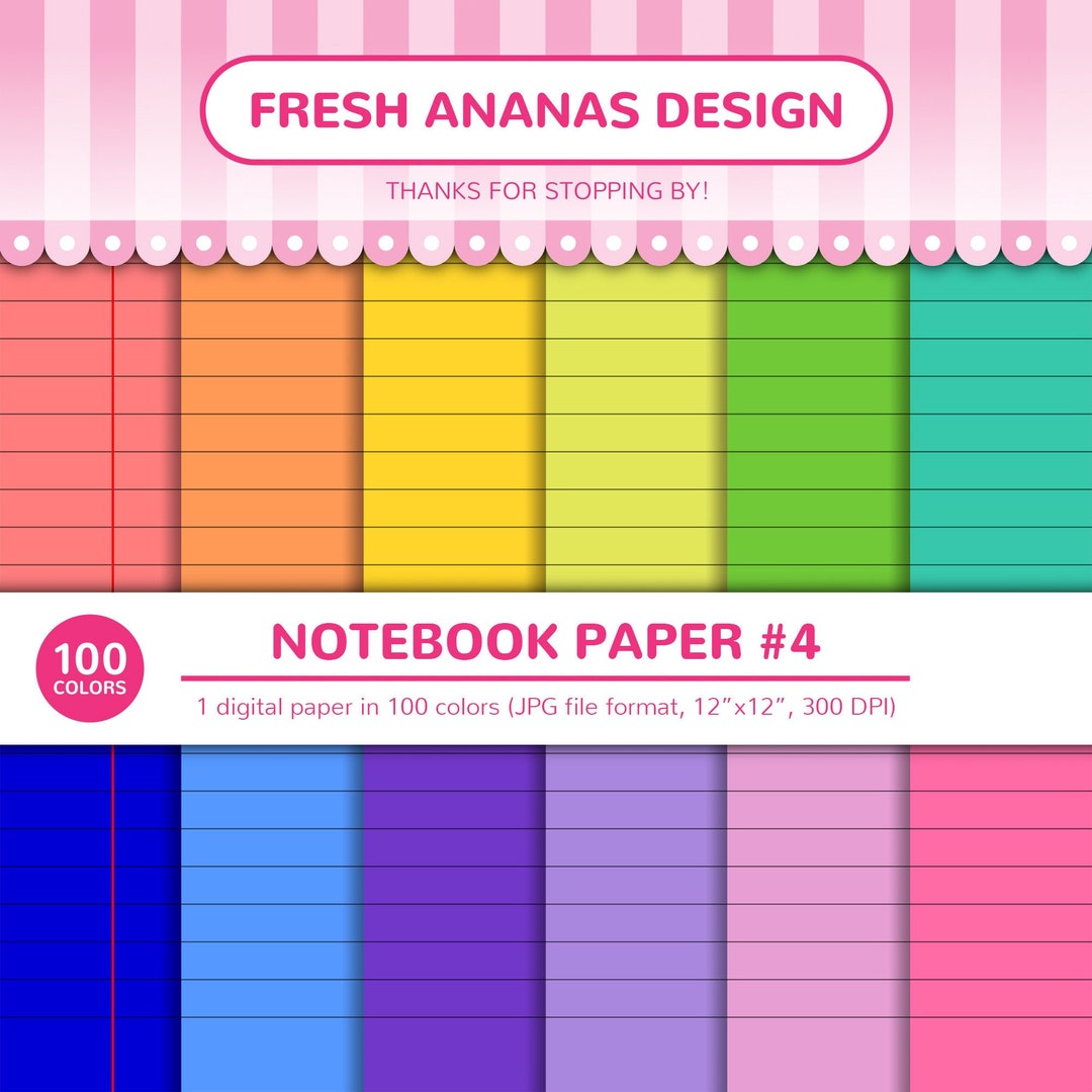100 Colors Digital Papers: Notebook Paper #4, Lined, Ruled, Feint ...