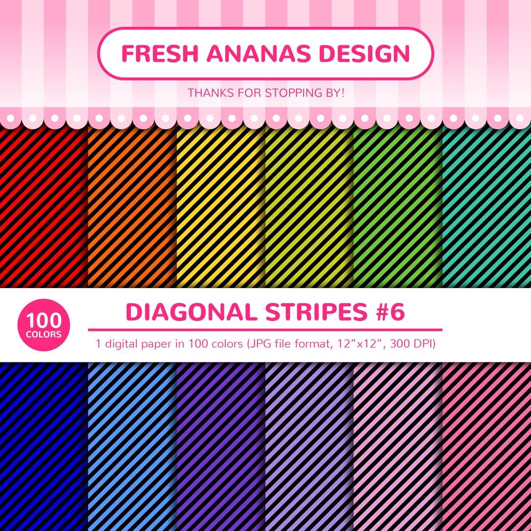 100 Colors Digital Papers: Diagonal Stripes #6, 45 Degrees, Thin, Black ...