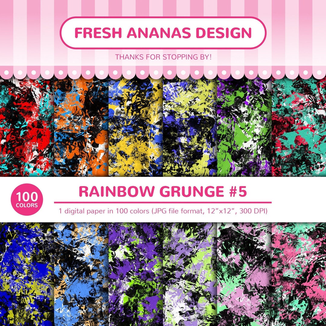 100 Colors Digital Papers: Rainbow Grunge #5, 80's, 90's, Retro, Neon ...