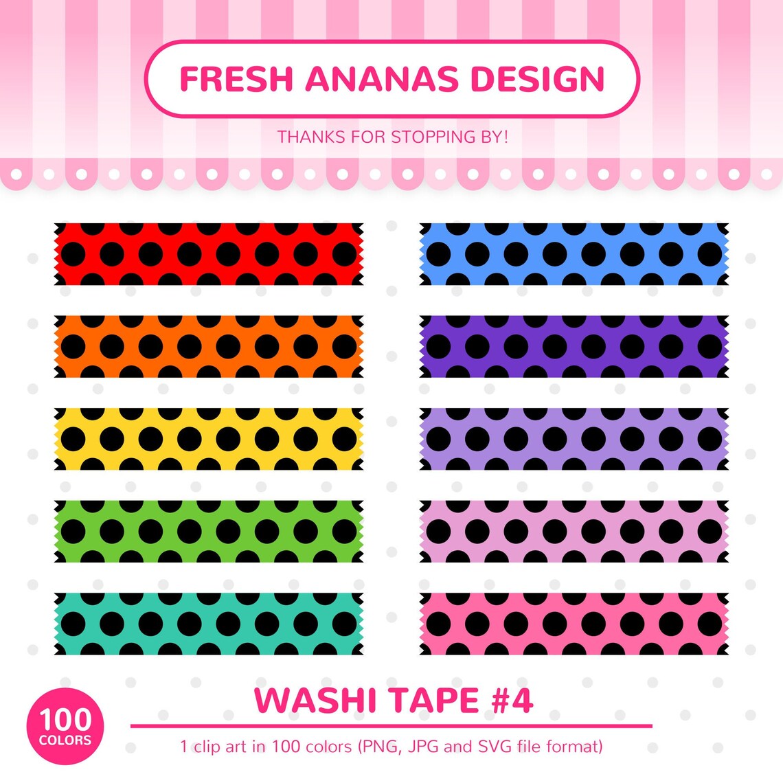 100 Colors Clip Art: Washi Tape #4, Polka Dot Washi Tape, Polka Dots ...