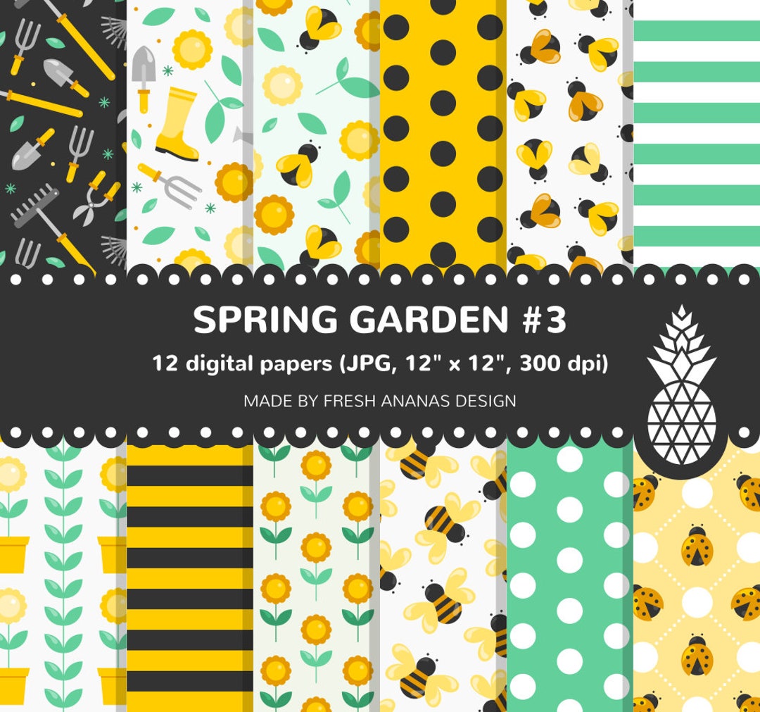 Spring Garden Paper Pack, Flower Garden Background, Ladybug, Bugs, Bee ...