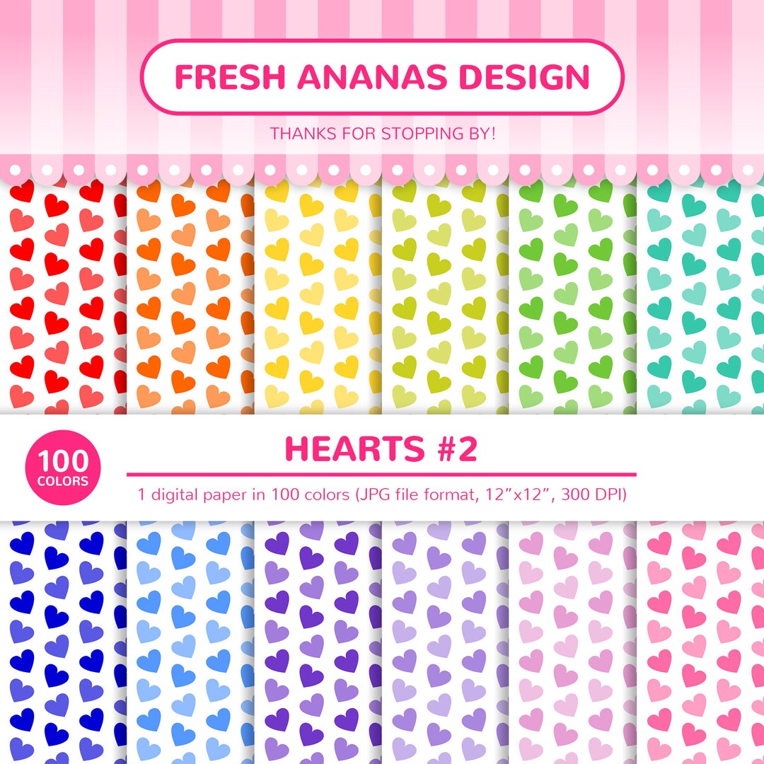 100 Colors Digital Papers: Hearts #2, Valentine, Seamless Pattern ...