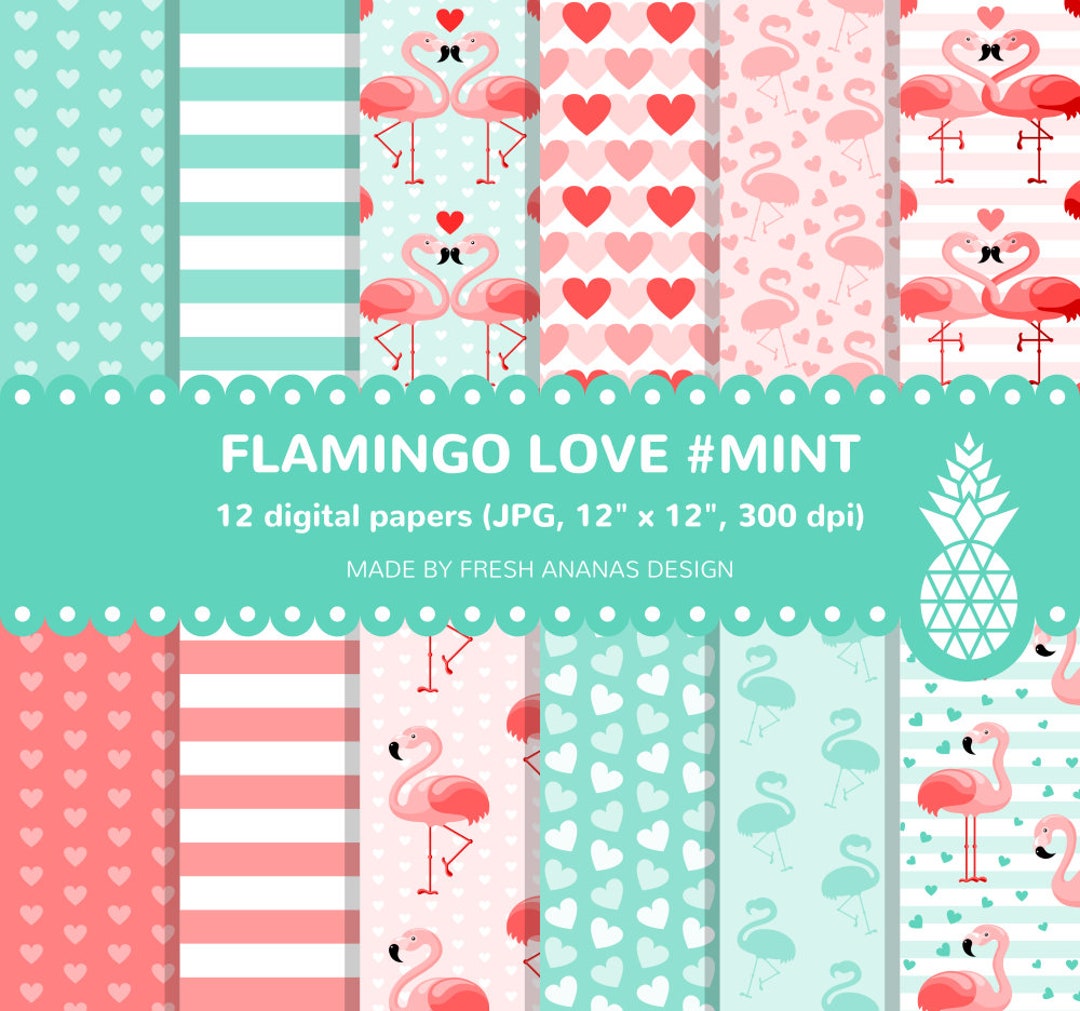 Flamingo Paper, Pink Flamingo Digital Papers, Pink, Mint, Striped ...