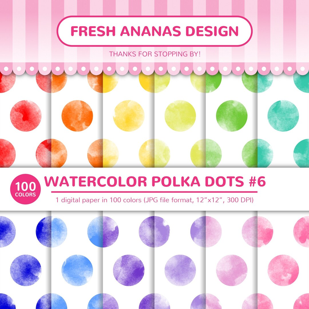 100 Colors Digital Papers: Watercolor Polka Dots #6, Aquarelle, Gouache ...