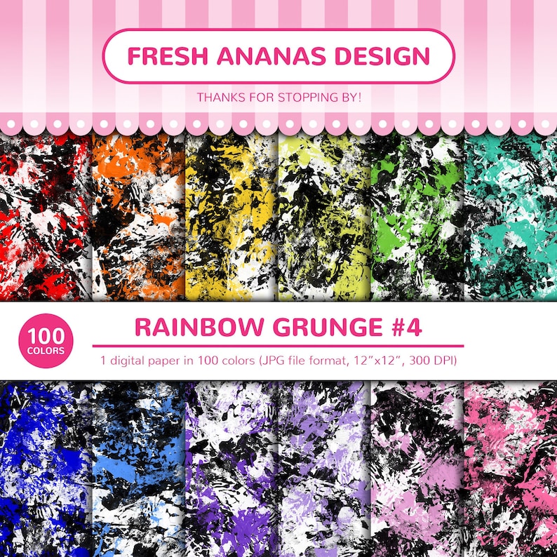 100 Colors Digital Papers: Rainbow Grunge #4, 80's, 90's, Retro, Neon ...