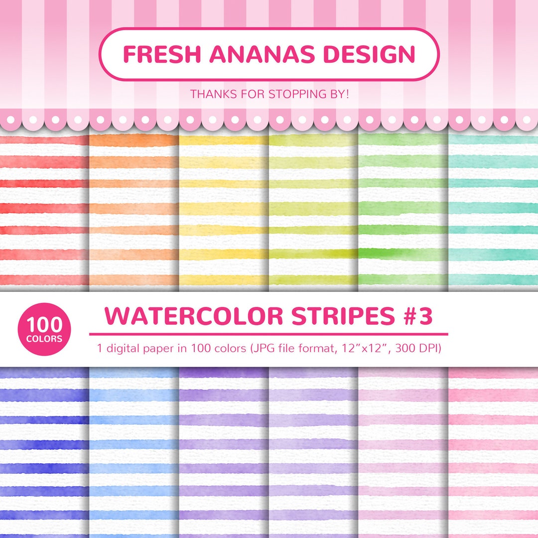 100 Colors Digital Papers: Watercolor Stripes #3, Aquarelle, Gouache ...