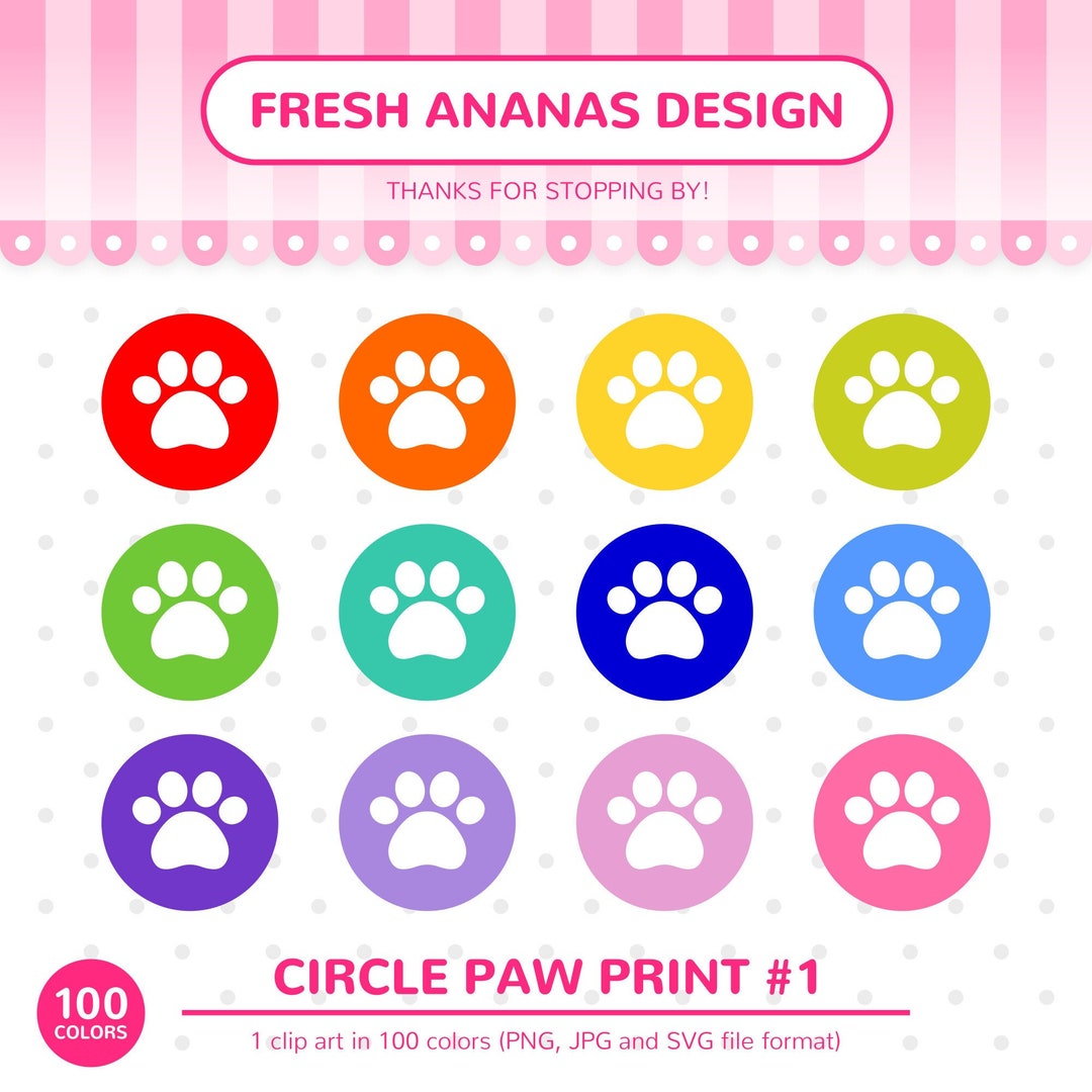 100 Colors Clip Art: Circle Paw Print, Paw Clipart, Dog Clipart ...