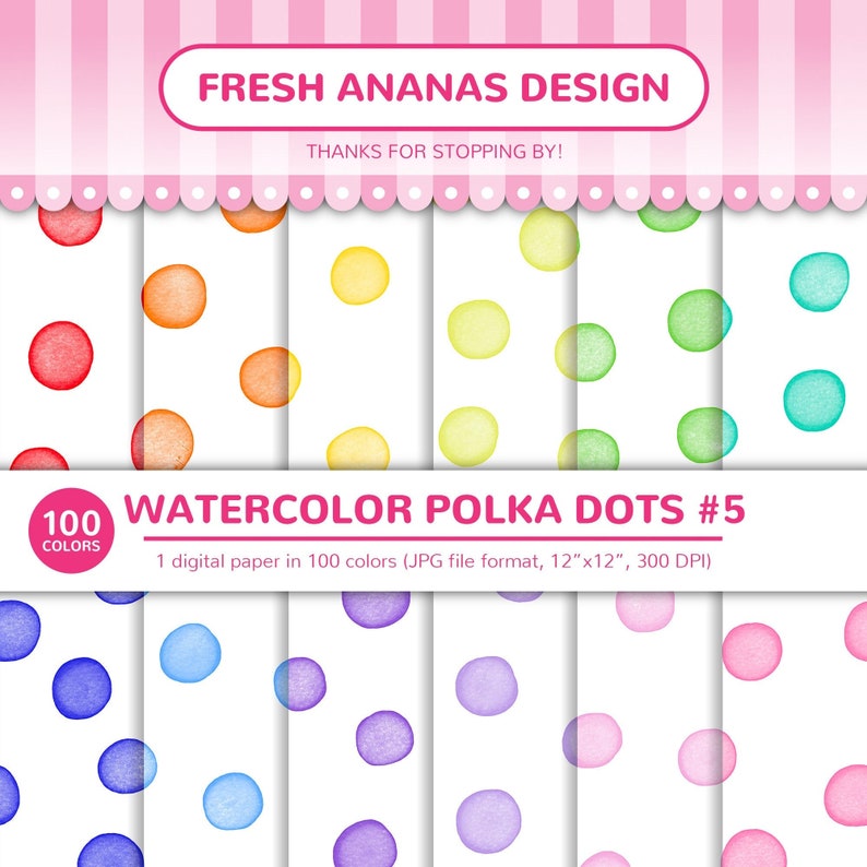 100 Colors Digital Papers: Watercolor Polka Dots #5, Aquarelle, Gouache ...