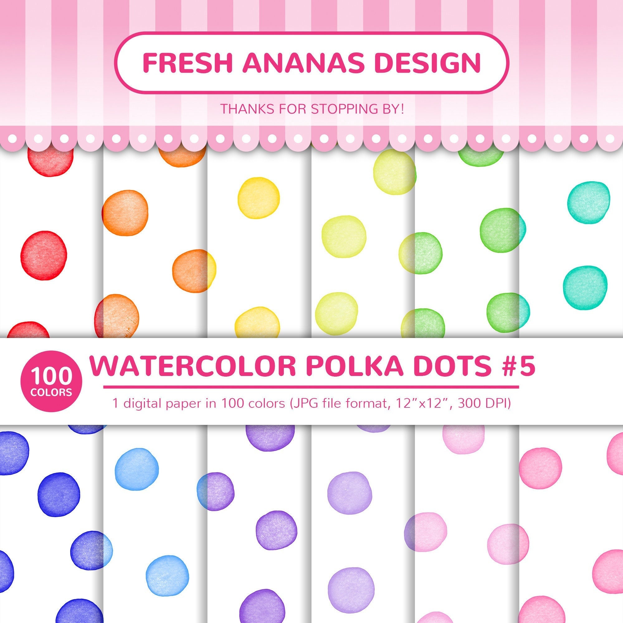 100 Colors Digital Papers: Watercolor Polka Dots #5, Aquarelle, Gouache ...
