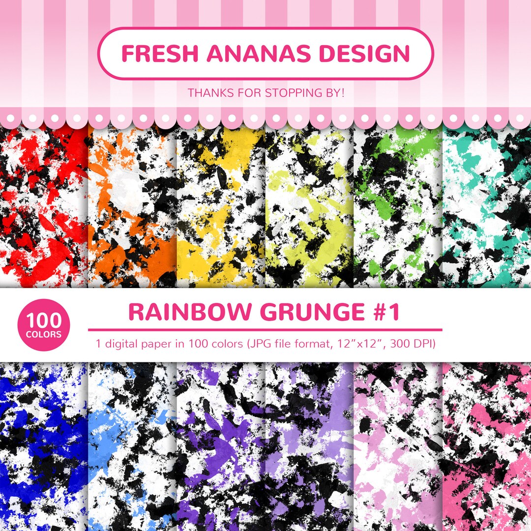 100 Colors Digital Papers: Rainbow Grunge #1, 80's, 90's, Retro, Neon ...