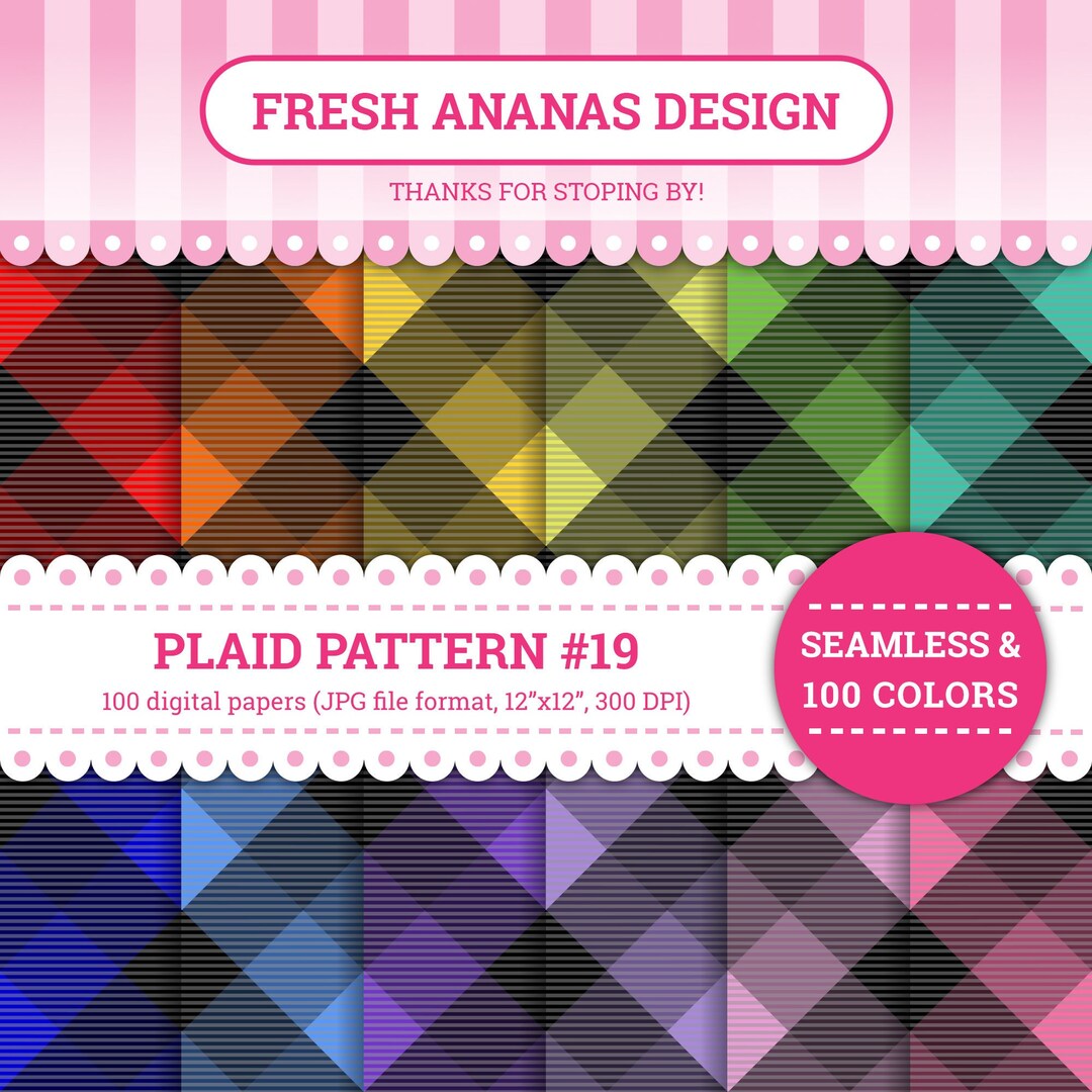 100 Colors Digital Papers: Plaid Pattern #19, Diagonal, Check, Buffalo ...