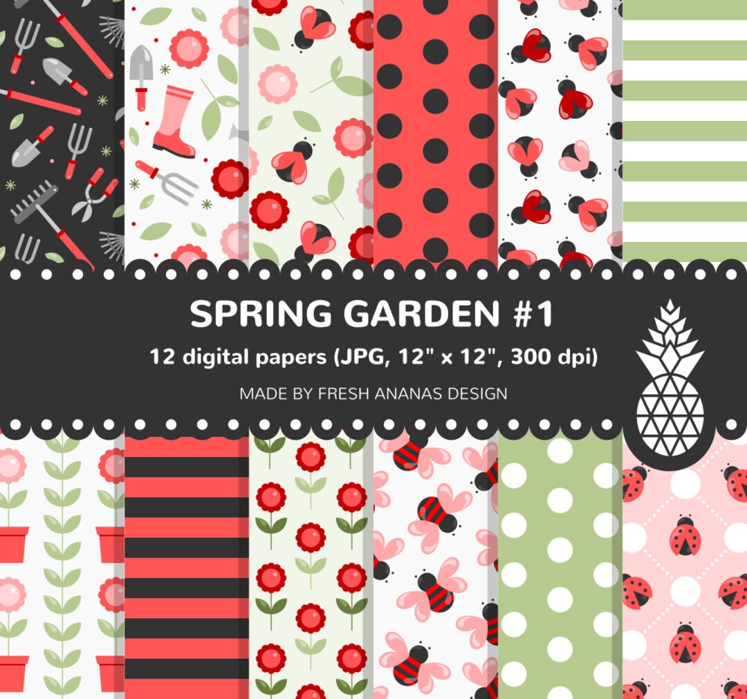 Spring Garden Paper Pack, Flower Garden Background, Ladybug, Bug, Bee ...