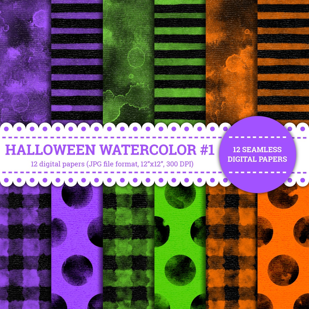 Halloween Watercolor #1, Polka Dot, Gingham, Stripes, Purple, Green ...