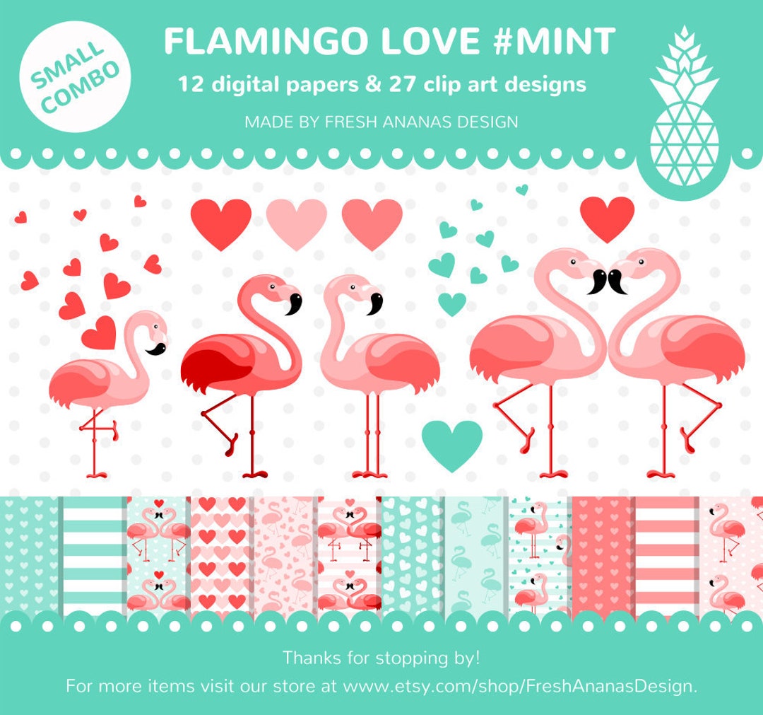 Small Combo: Flamingo Love, Flamingo Digital Papers + Wedding Clipart ...