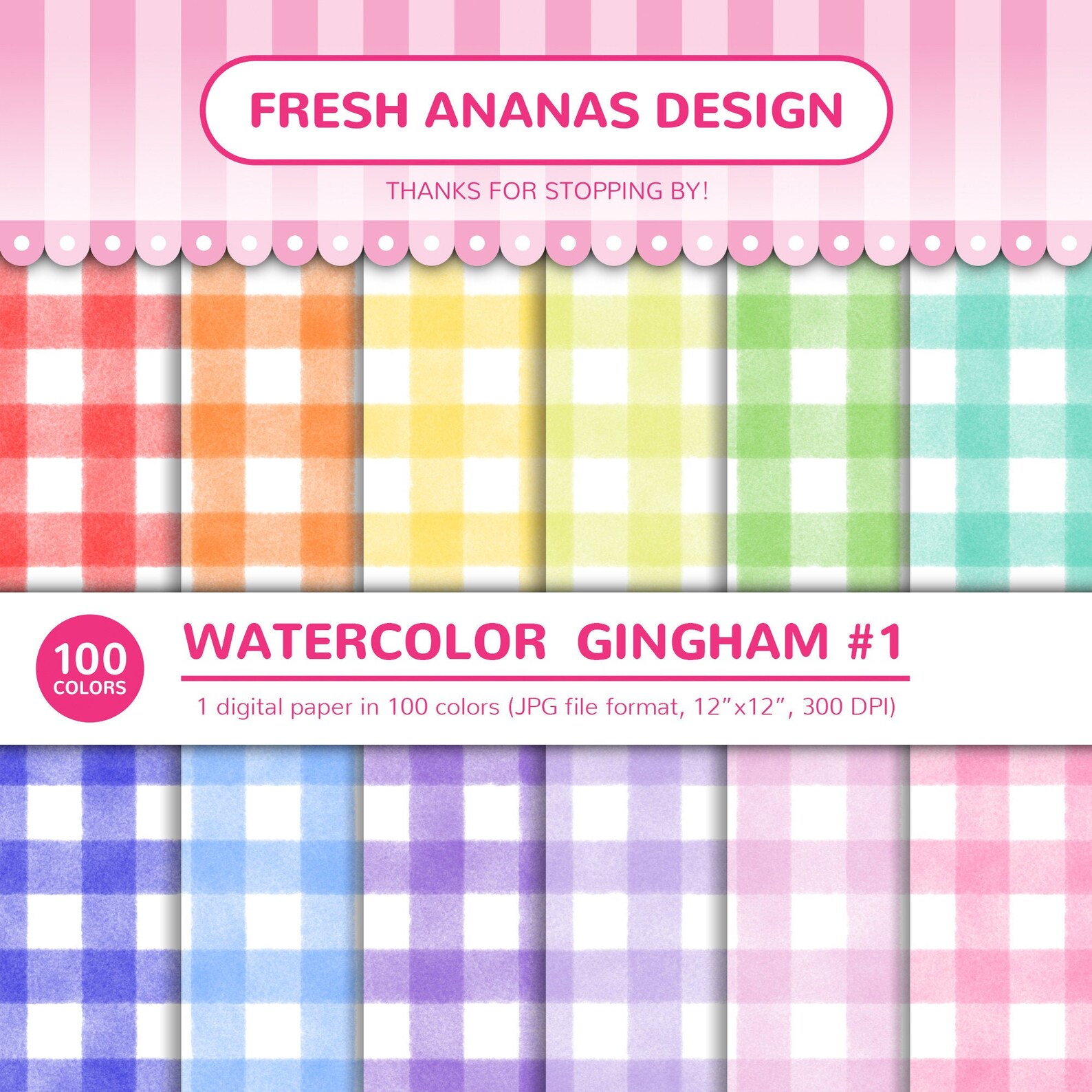 100 Colors Digital Papers: Watercolor Gingham #1, Aquarelle, Gouache ...