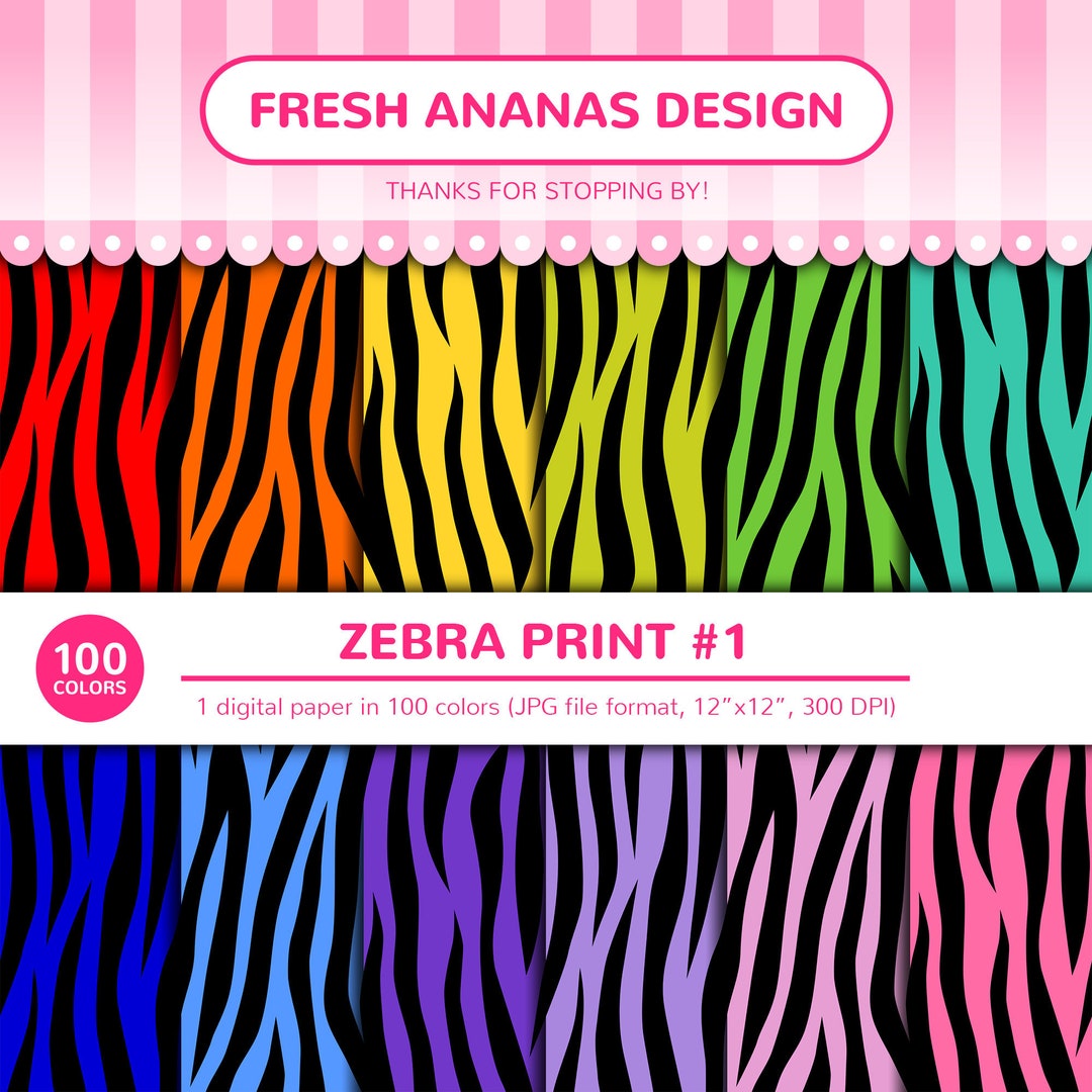 100 Colors Digital Papers: Zebra Print #1, Animal Print, Savanna ...