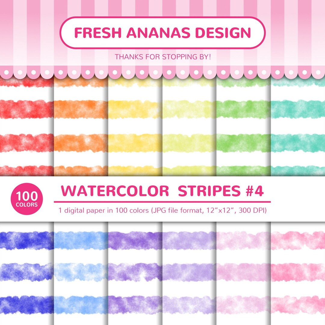 100 Colors Digital Papers: Watercolor Stripes #4, Aquarelle, Gouache ...