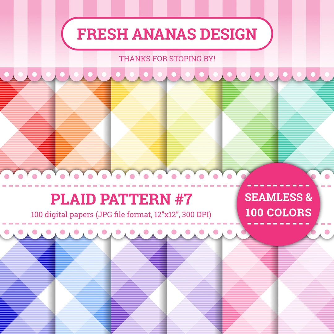 100 Colors Digital Papers: Plaid Pattern #7, Diagonal, Check, Buffalo ...