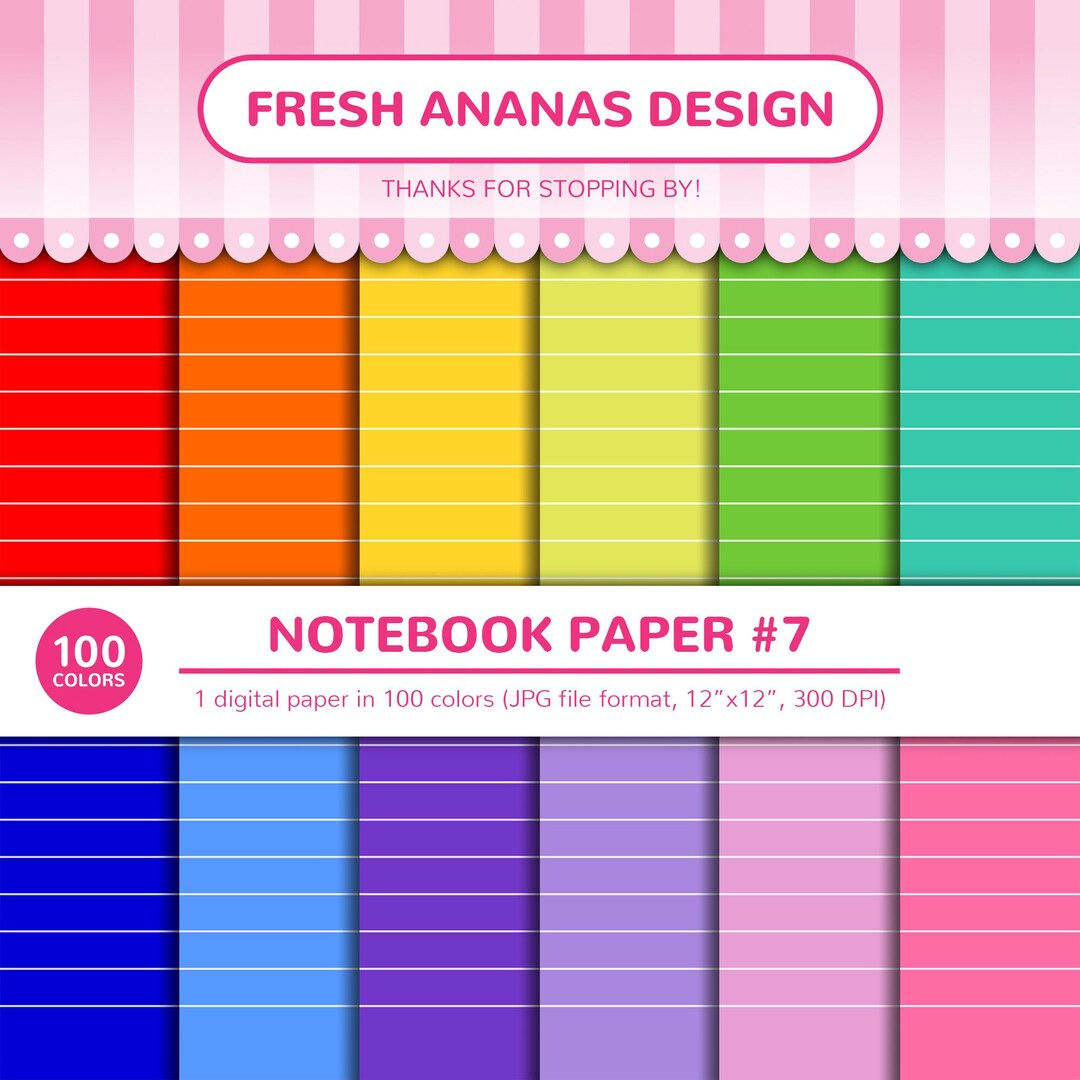 100 Colors Digital Papers: Notebook Paper #7, Lined, Ruled, Feint ...