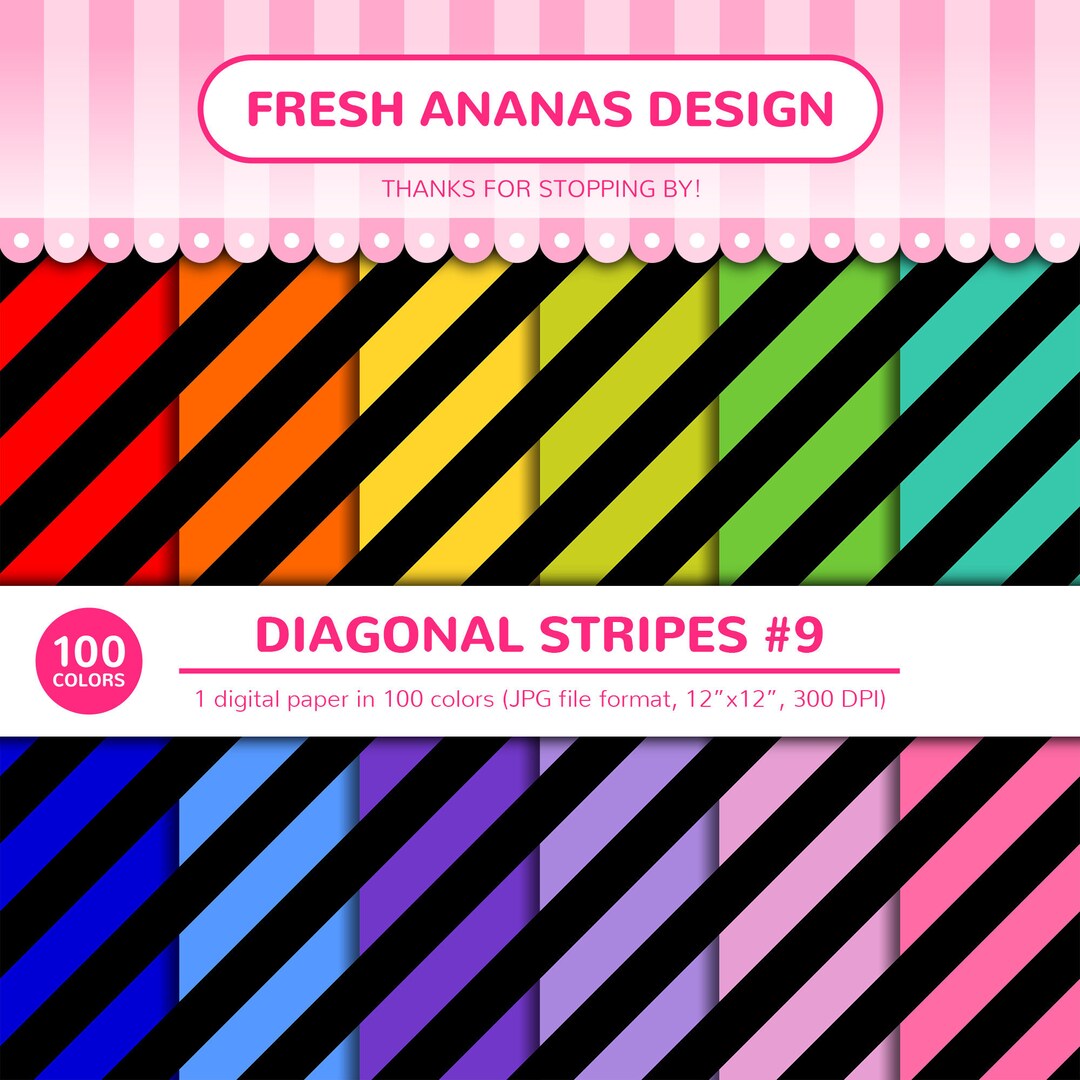 100 Colors Digital Papers: Diagonal Stripes #9, 45 Degrees, Thick, Wide ...