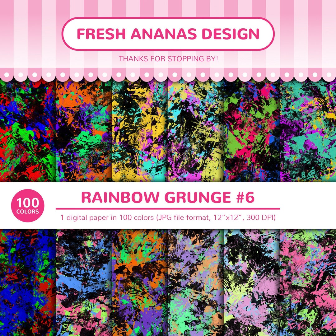 100 Colors Digital Papers: Rainbow Grunge #6, 80's, 90's, Retro, Neon ...