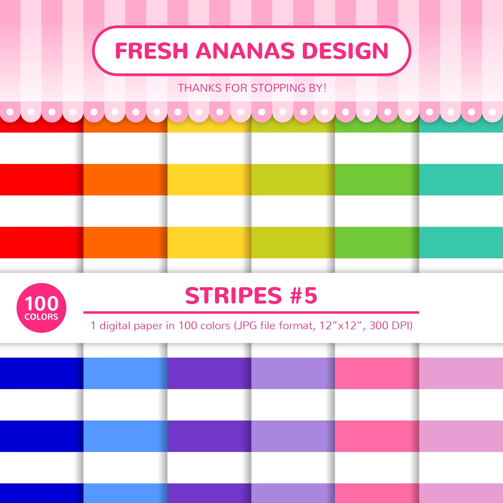 100 Colors Digital Papers: Stripes #5, Stripes Paper Pack, Horizontal ...