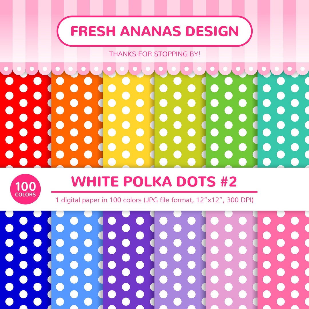 100 Colors Digital Papers: White Polka Dots #2, Medium Polka Dots ...