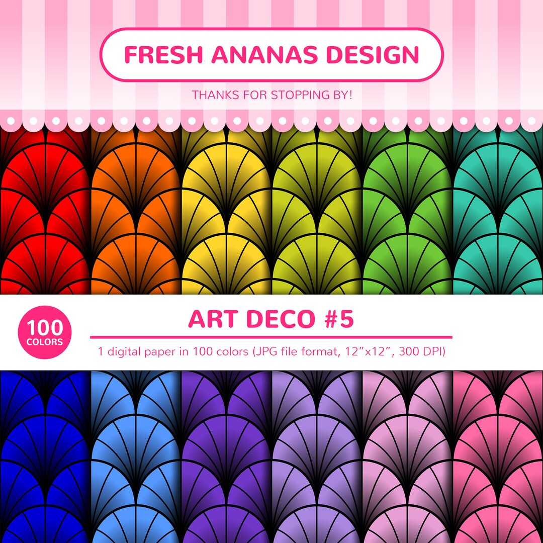100 Colors Digital Papers: Art Deco #5, Art Nouveau, Geometric ...