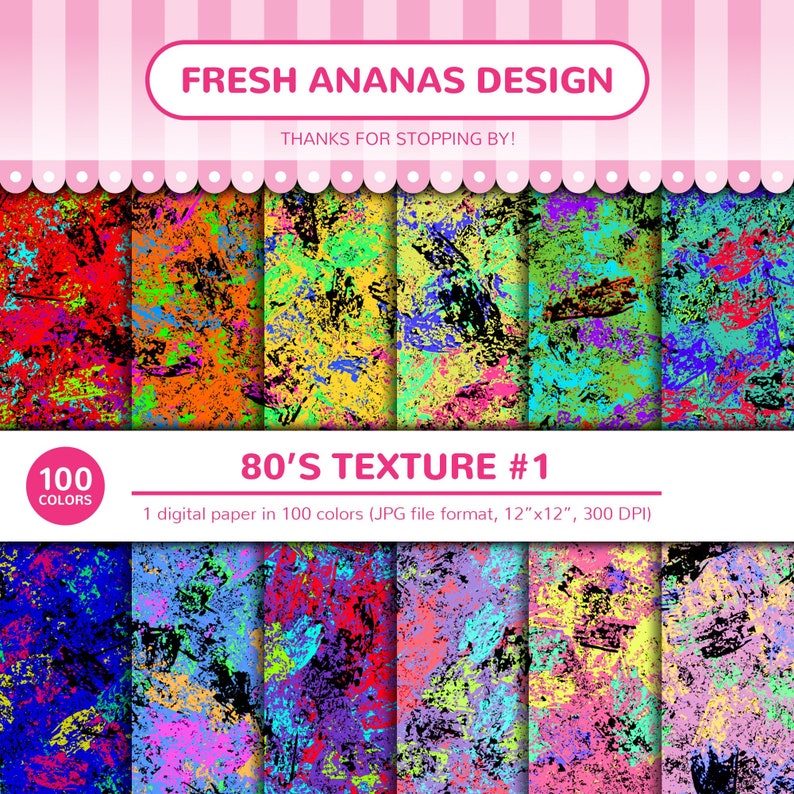 100 Colors Digital Papers: 80's Texture #1, 90's, Retro, Neon, Paint ...