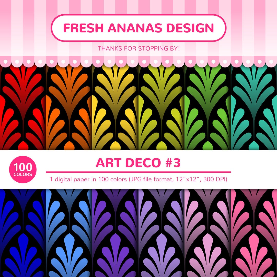 100 Colors Digital Papers: Art Deco #3, Art Nouveau, Geometric ...