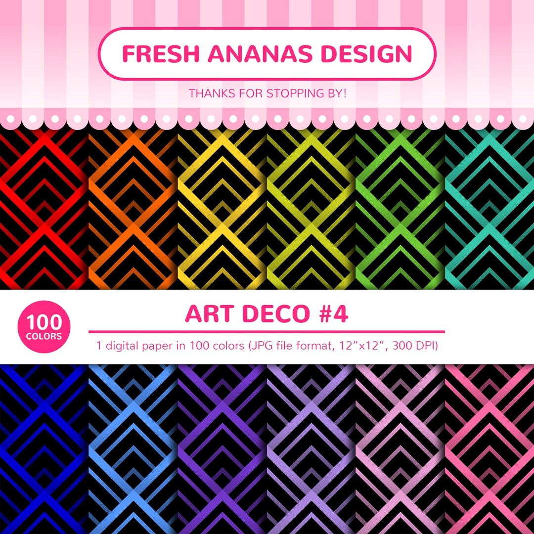 100 Colors Digital Papers: Art Deco #4, Art Nouveau, Geometric ...