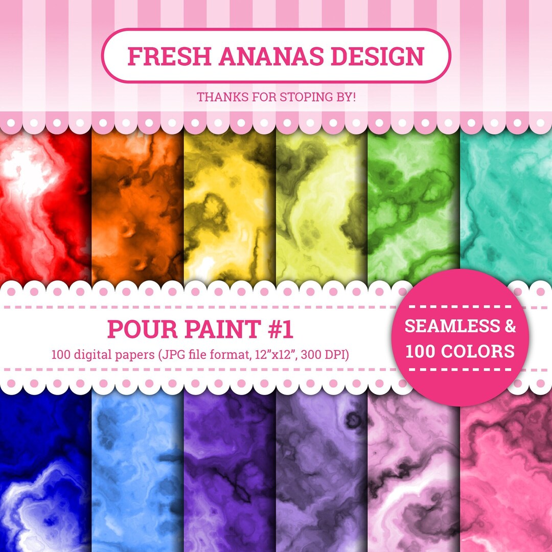 100 Colors Digital Papers: Pour Paint #1, Acrylic Pour, Liquid Paint ...