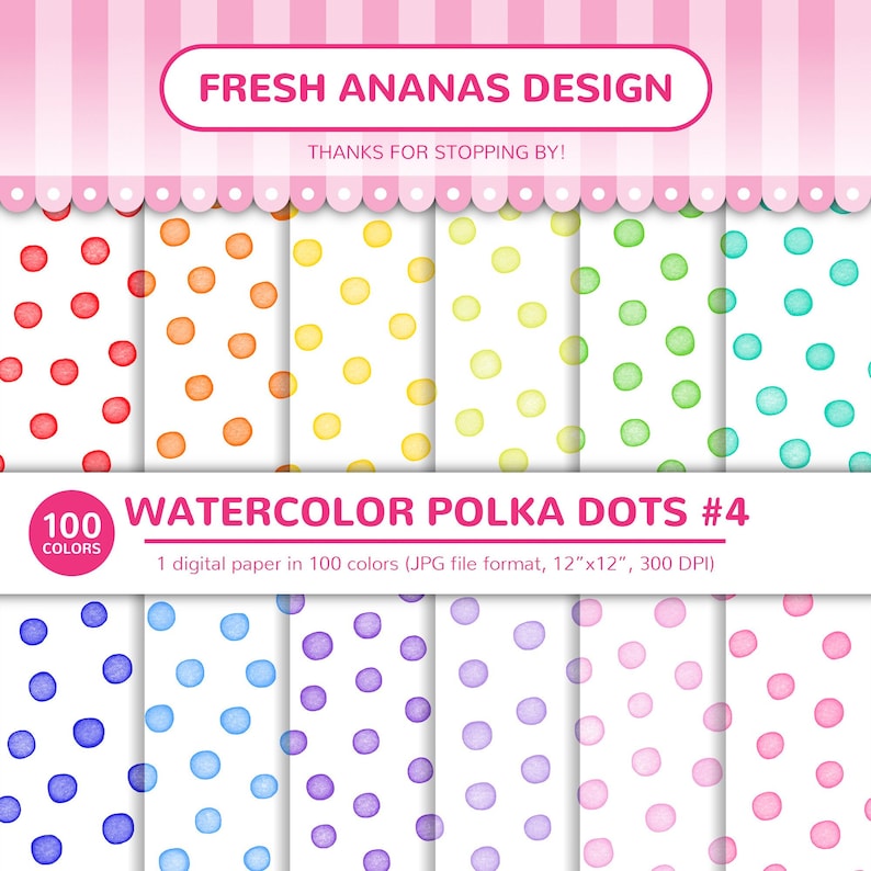 100 Colors Digital Papers: Watercolor Polka Dots #4, Aquarelle, Gouache ...