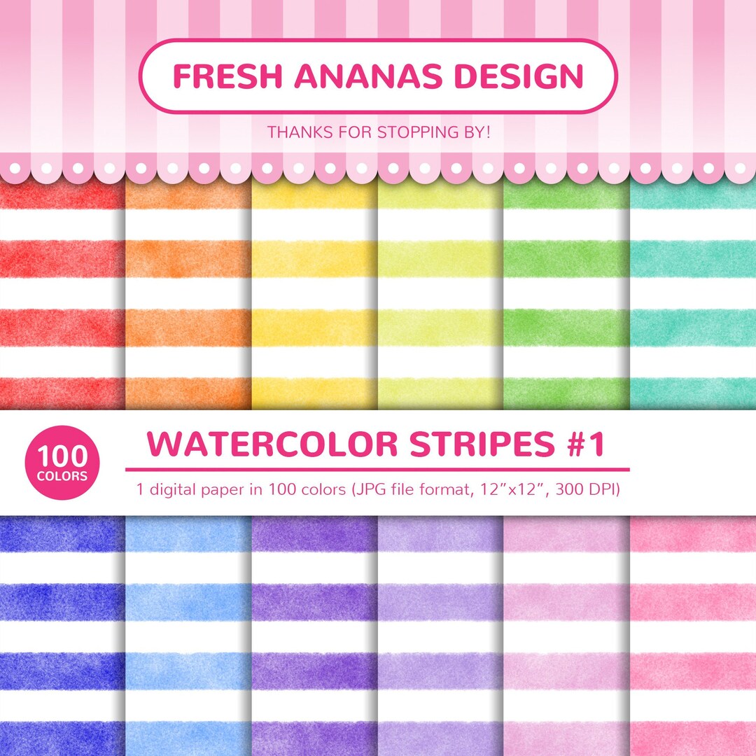 100 Colors Digital Papers: Watercolor Stripes #1, Aquarelle, Gouache ...