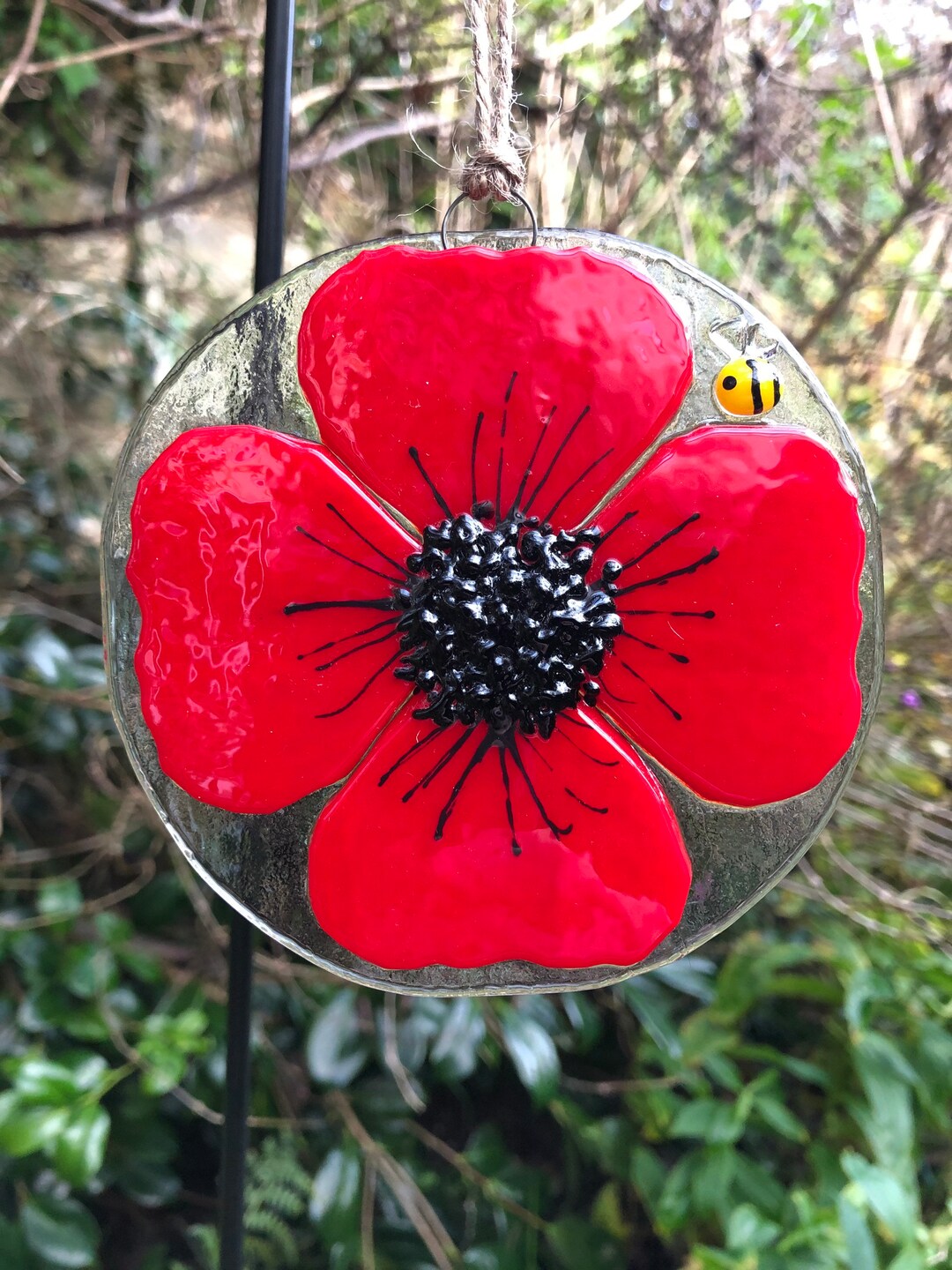 Fused Glass Poppy Hanger/poppy Flower Hanging/round Fused Glass Red ...