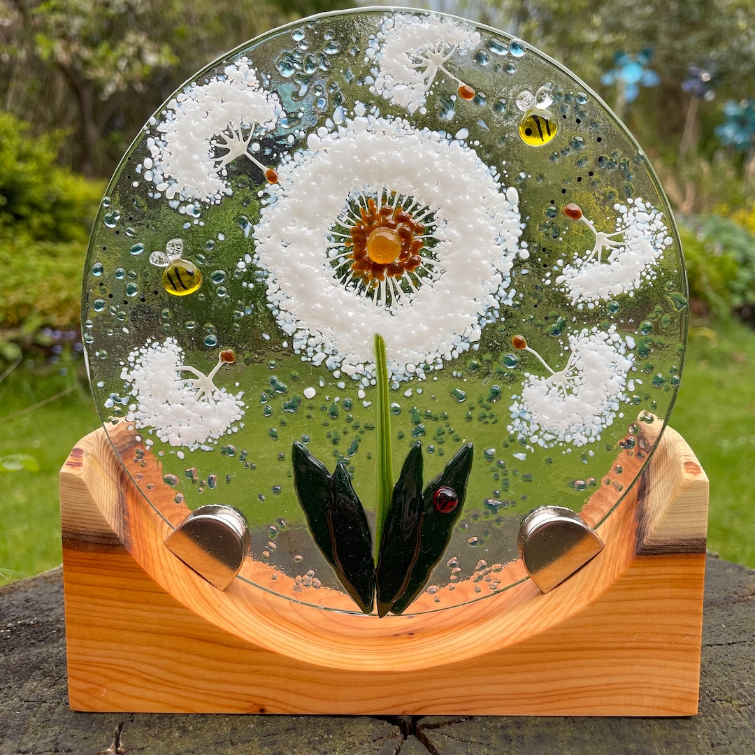 Dandelion Fused Glass Ornament Displayed in a Beautiful Oak Stand ...